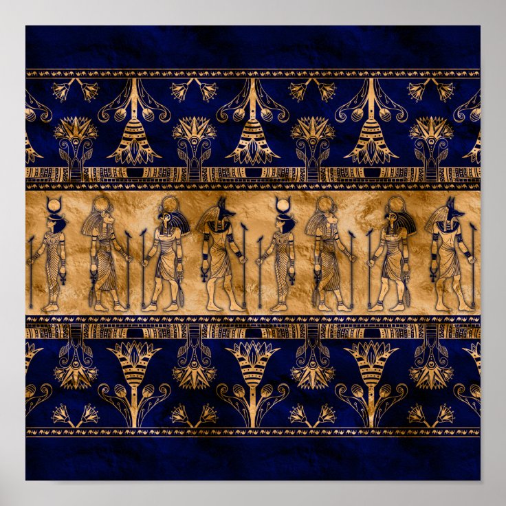 Egyptian Gods and Ornamental border -blue gold Poster | Zazzle