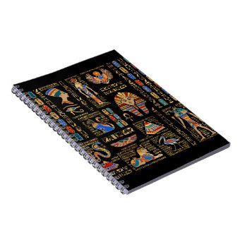 Egyptian hieroglyphs and deities on black notebook | Zazzle