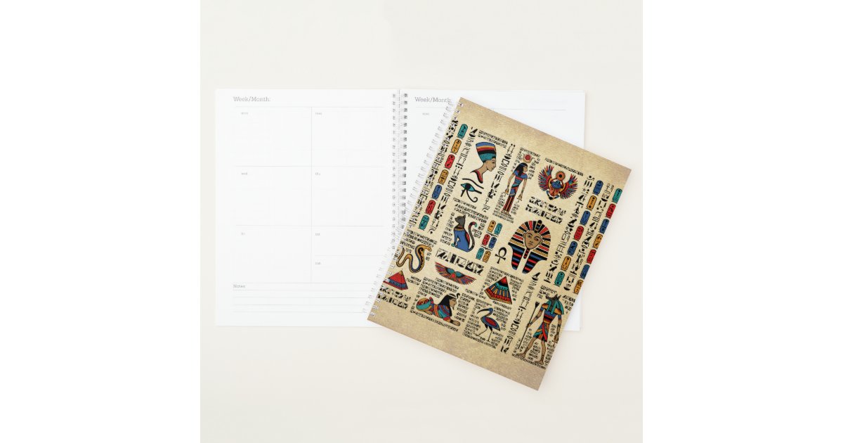 Egyptian hieroglyphs and deities on papyrus planner | Zazzle