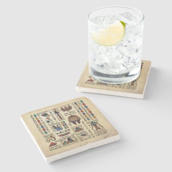Egyptian hieroglyphs and deities on papyrus stone coaster | Zazzle