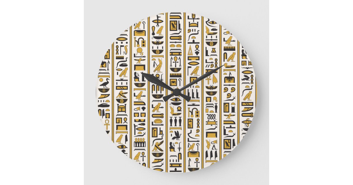 Egyptian Hieroglyphs: Yellow-Black Seamless. Large Clock | Zazzle