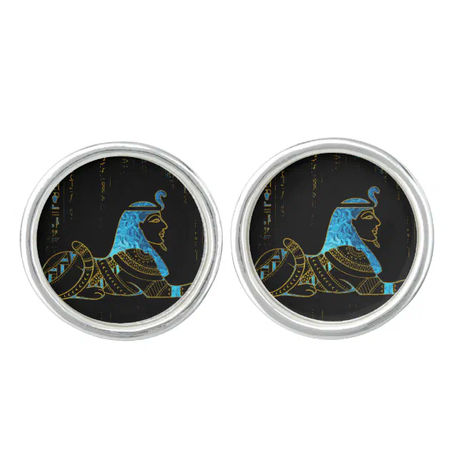 Egyptian Sphinx on hieroglyphics Blue crystal and Cufflinks | Zazzle