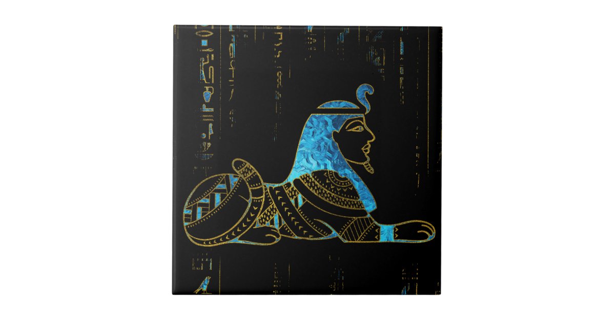 Egyptian Sphinx on hieroglyphics Blue crystal and Tile | Zazzle