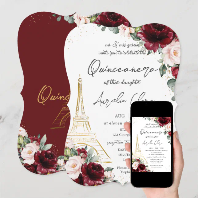 Eiffel Paris Quinceañera Burgundy Blush Floral Invitation | Zazzle
