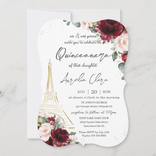 Eiffel Paris Quinceañera Burgundy Blush Floral Invitation | Zazzle
