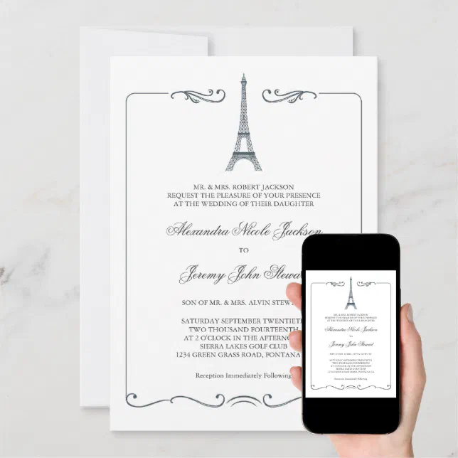 Eiffel Tower Elegant Wedding Invitation | Zazzle