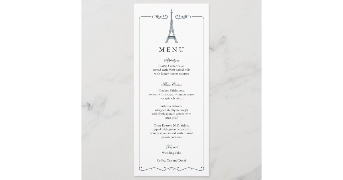 Eiffel Tower Elegant Wedding Menu Card | Zazzle