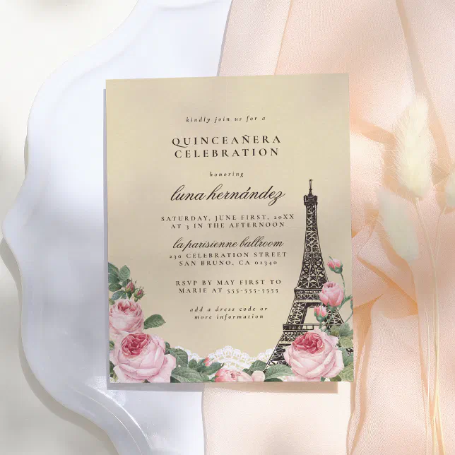 Eiffel Tower Floral Paris Themed Quinceañera Invitation Postcard | Zazzle