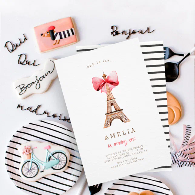 Eiffel Tower French Black Stripes Birthday Party Invitation | Zazzle
