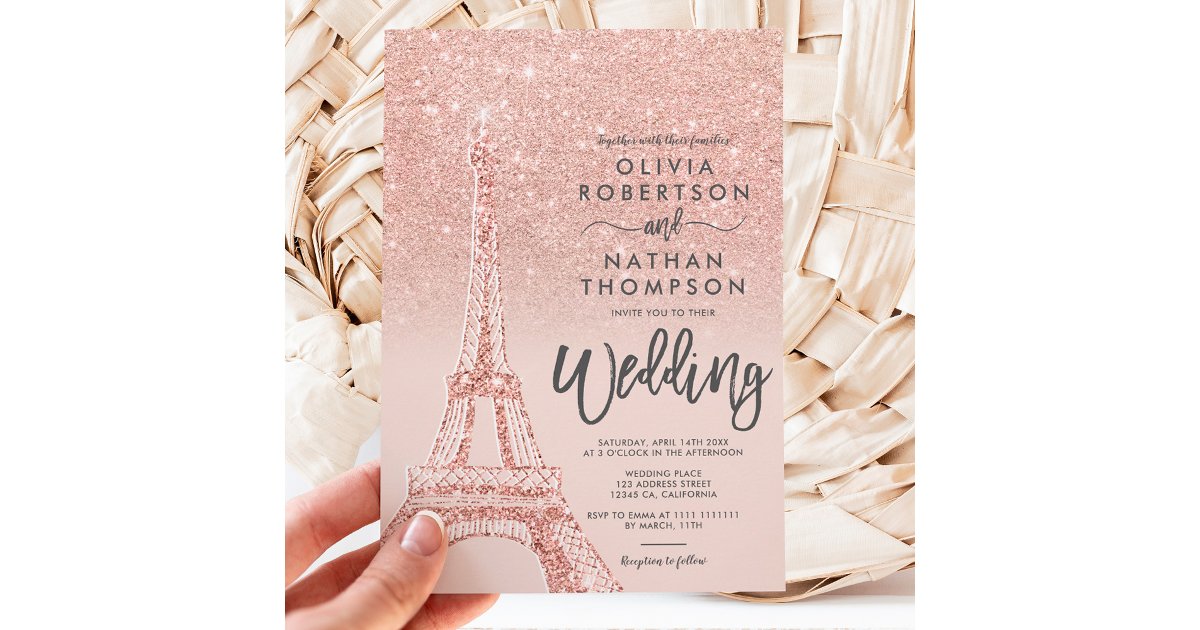 Eiffel tower Paris rose gold glitter pink wedding Invitation | Zazzle