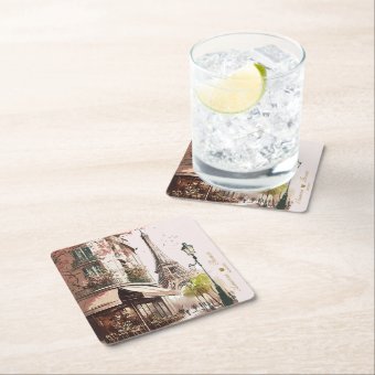 Eiffel Tower Pink Cherry Blossoms Parisian Cafe Square Paper Coaster ...