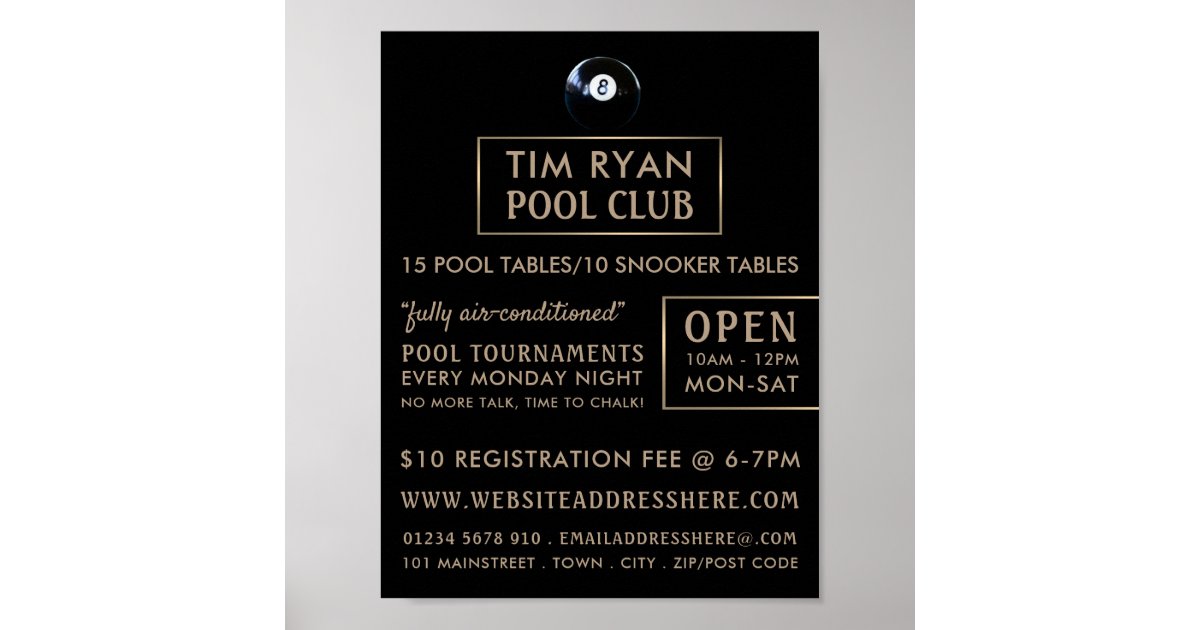 Eight Ball, Pool Club, Snooker Club Advertising Poster | Zazzle