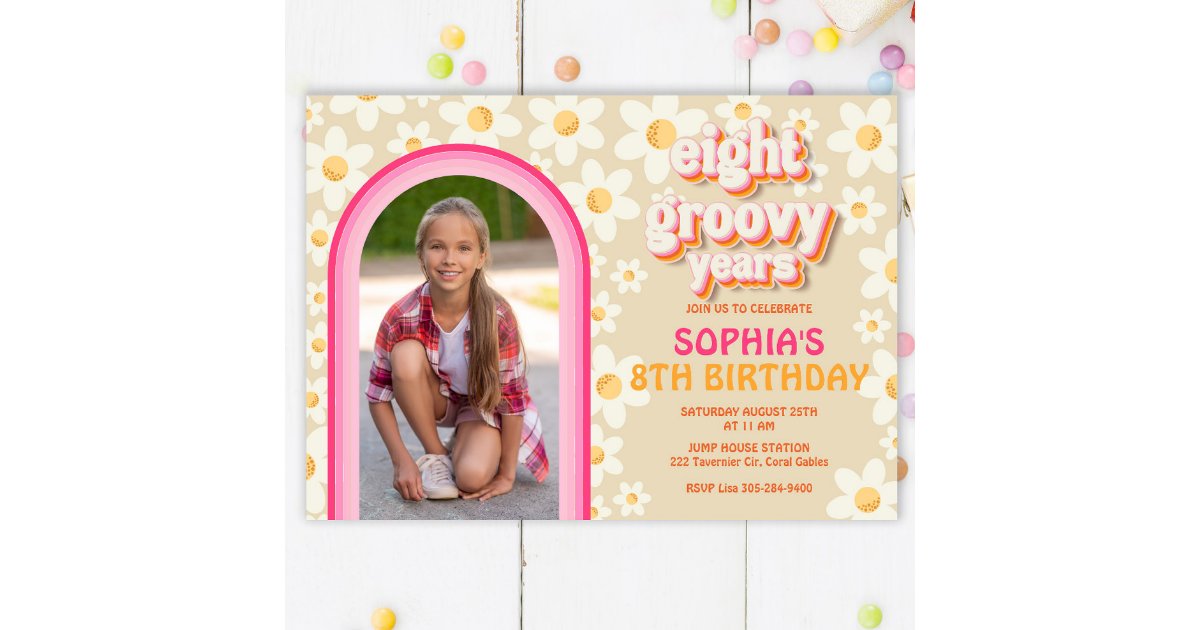Eight Groovy Retro Daisy Photo Birthday Invitation | Zazzle