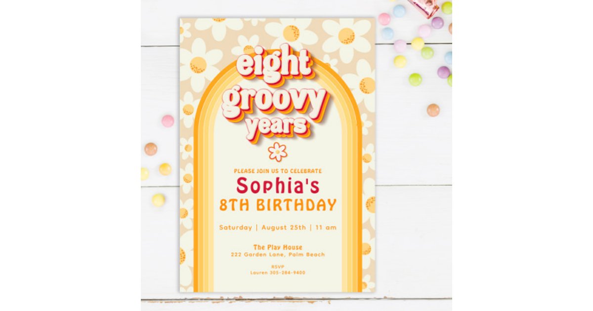 Eight Groovy Years 8th Birthday Invitation | Retro | Zazzle