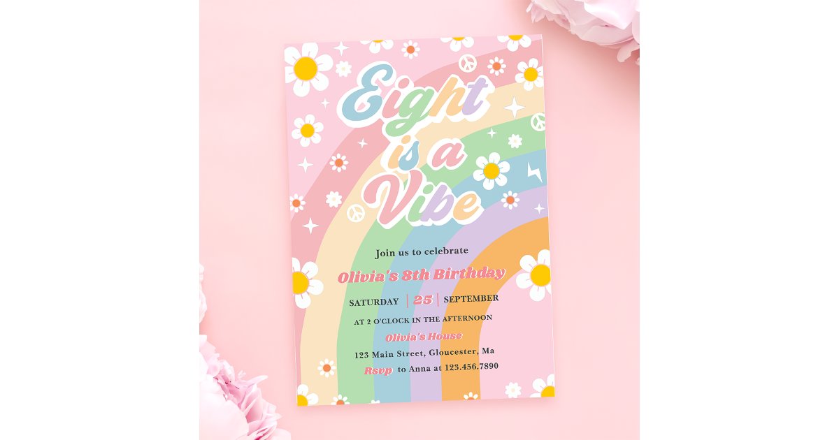 Eight Is A Vibe Groovy Daisy Rainbow 8th Birthday Invitation | Zazzle