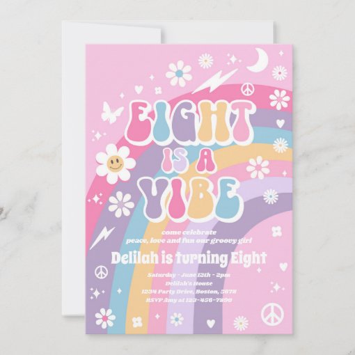 Eight Is A Vibe Groovy Hippie Rainbow 8th Birthday Invitation | Zazzle