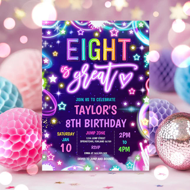 Eight Is Great Neon Glow 8th Birthday Party Invitation | Zazzle