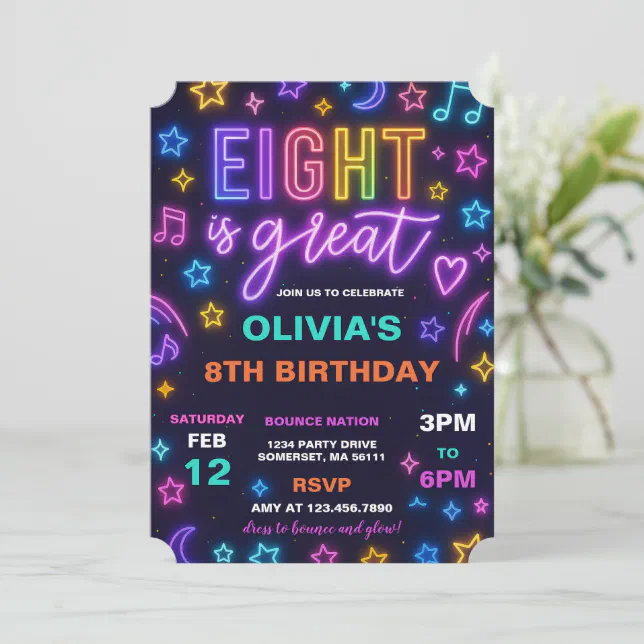 Eight Is Great Neon Glow 8th Birthday Party Invitation | Zazzle
