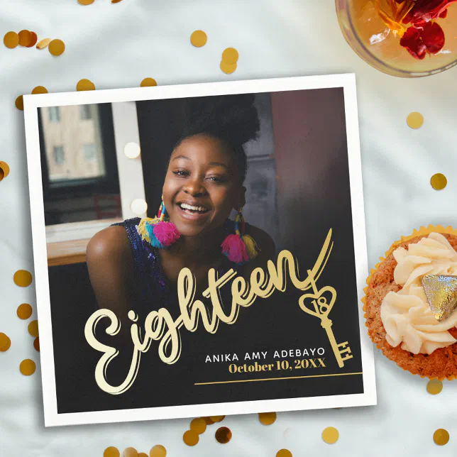 Eighteen 18th Birthday custom photo script gold Napkins | Zazzle