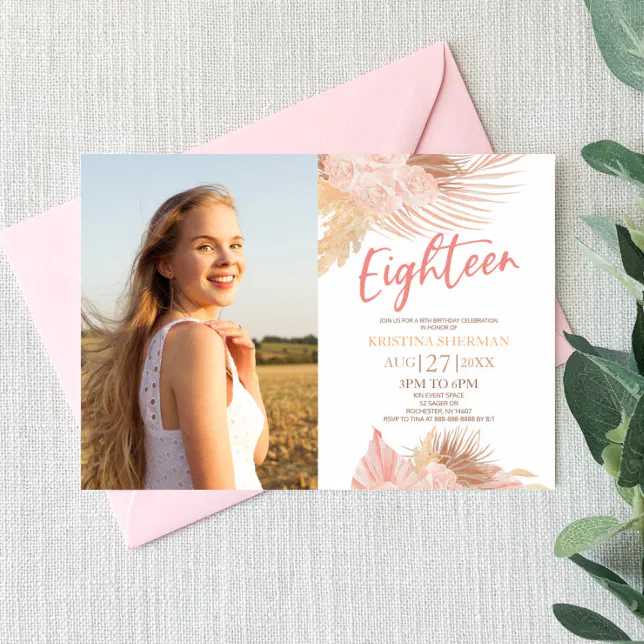 Eighteen Boho Pink Photo 18th Birthday Party Invitation | Zazzle