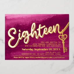 Eighteen script key 18th birthday gold red pink foil invitation | Zazzle