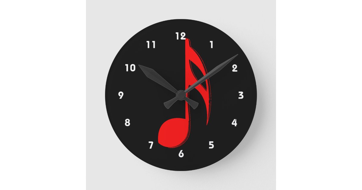 eighth note red black music design.png round clock | Zazzle