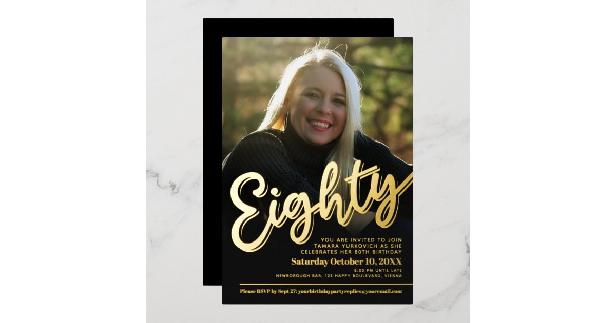 Eighty 80th Birthday custom photo script gold Foil Invitation | Zazzle
