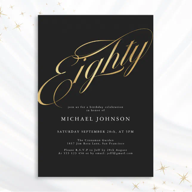 Eighty Black Gold Modern Minimalist 80th Birthday Invitation | Zazzle