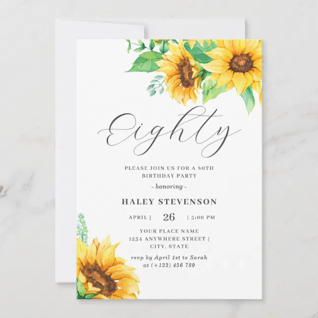 Eighty Chic Yellow Sunflower Floral 80th Birthday Invitation | Zazzle
