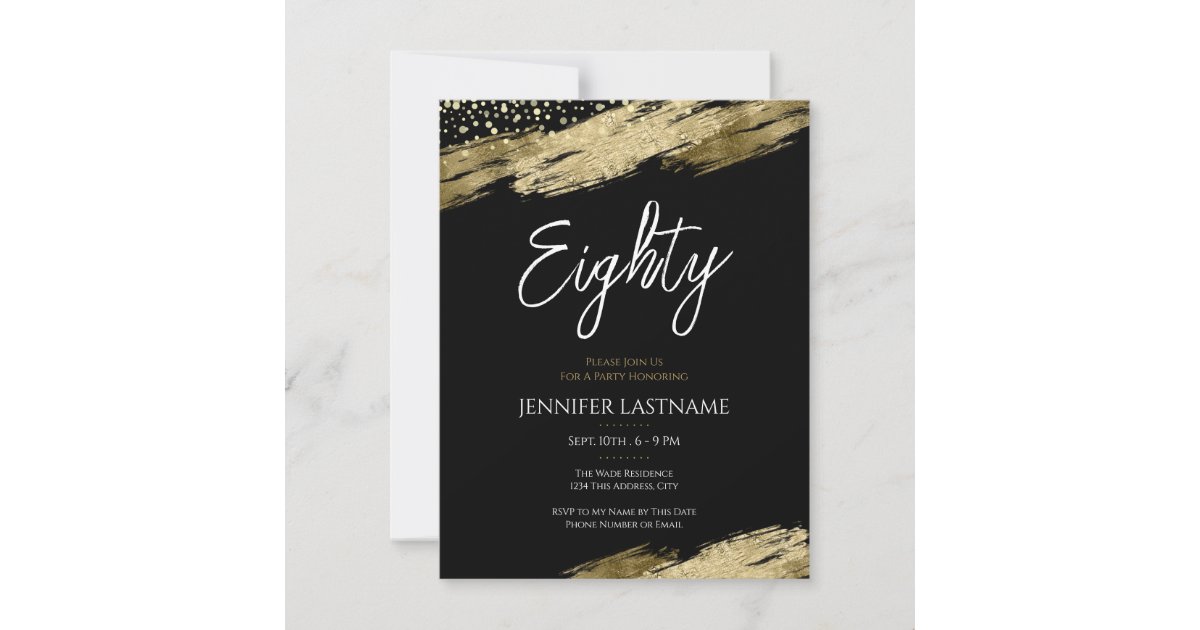 Eighty Elegant Script Black and Gold Birthday Invitation | Zazzle