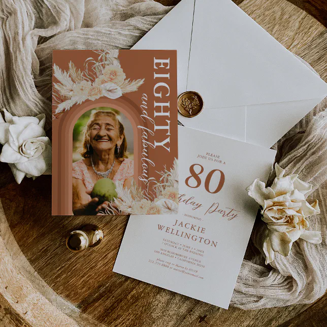 Eighty & Fabulous Burnt Orange Boho Birthday Invitation | Zazzle