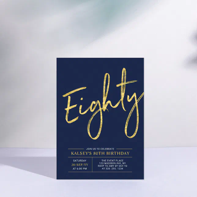 Eighty | Gold & Navy Lettering 80th Birthday Party Invitation | Zazzle
