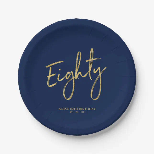 Eighty | Gold & Navy Lettering 80th Birthday Party Paper Plates | Zazzle