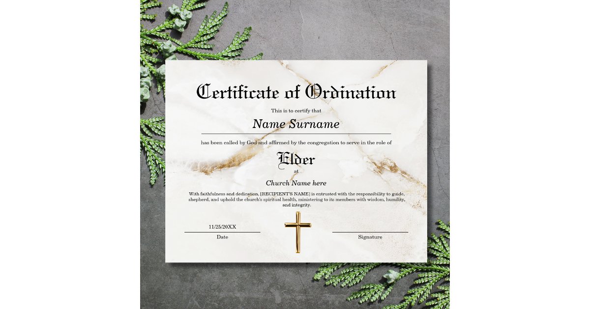 Elder Church Certificate of Ordination | Zazzle