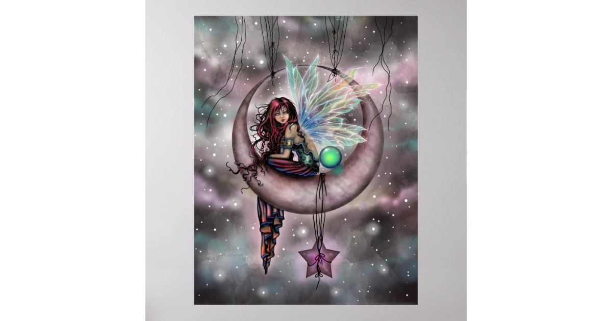 Electra Fae Fairy on Moon Fantasy Artwork Poster | Zazzle