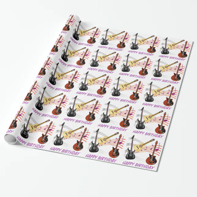 Electric and Acoustic Guitars Music Notes Birthday Wrapping Paper | Zazzle