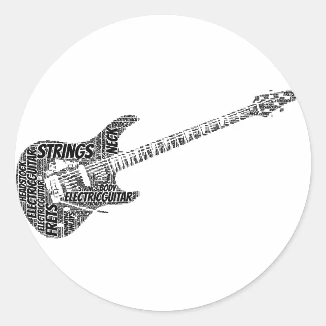 Electric Guitar Shaped Word Art Black Text Classic Round Sticker | Zazzle