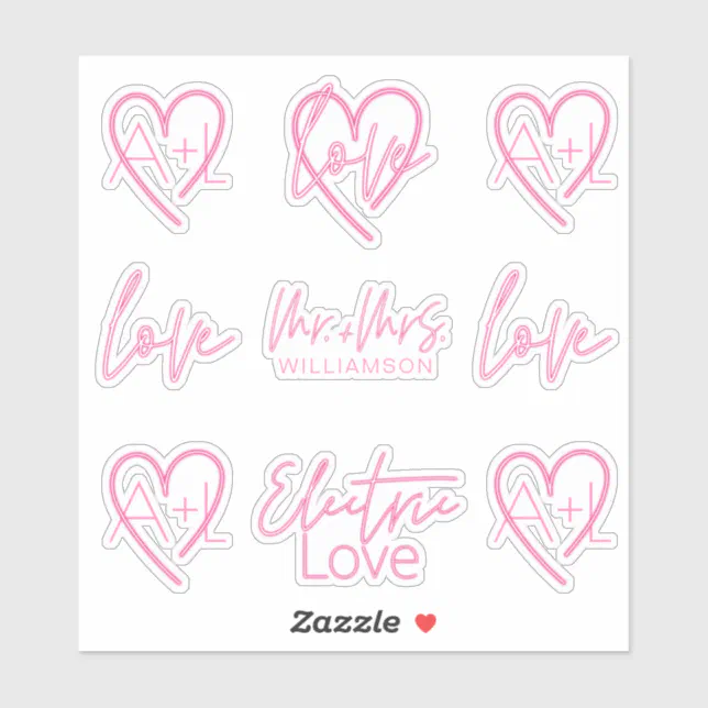 Electric Love Neon Pink Retro Signage Monogram Sticker | Zazzle