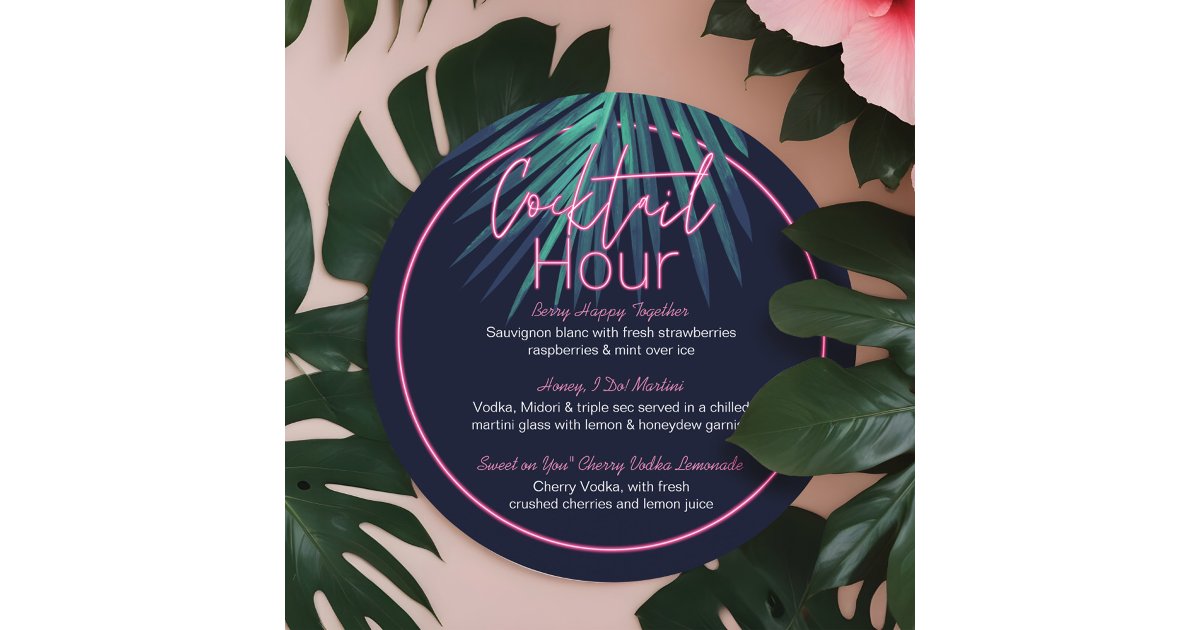 Electric Love Neon Pink Tropical Retro Cocktail Menu | Zazzle