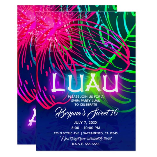 Electric Luau Tropical Night Neon Aloha Party Invitation | Zazzle.com