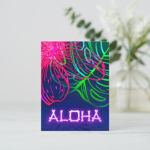 Electric Luau Tropical Night Neon Aloha Save Date Announcement Postcard ...