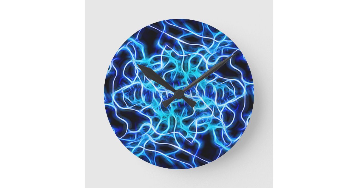 Electric Neon Blue Tesla Coil Lightning Round Clock | Zazzle