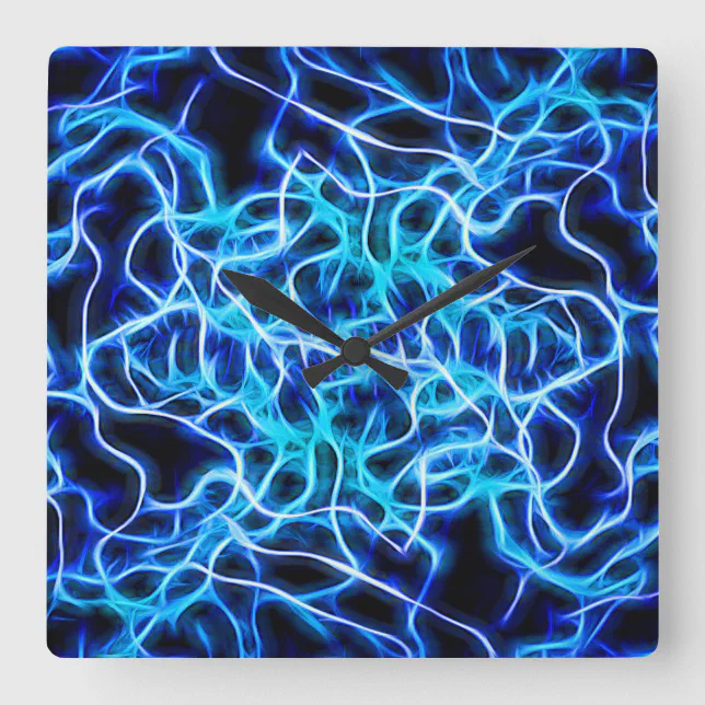 Electric Neon Blue Tesla Coil Lightning Square Wall Clock | Zazzle