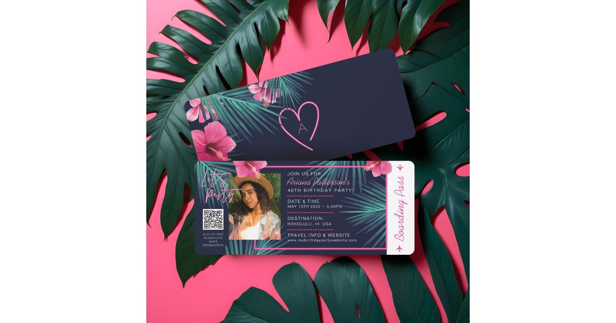 Electric Neon Pink Tropical Destination Birthday Invitation | Zazzle