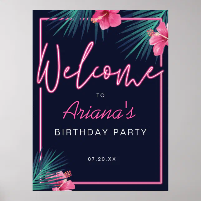 Electric Neon Pink Tropical Welcome Birthday Poster | Zazzle