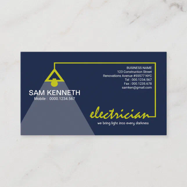 Electrician Simple Elegant Yellow Wires Light Bulb Business Card | Zazzle