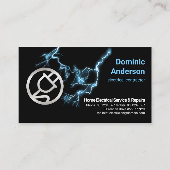 Electrified Power Plug Blue Lightnings Electrician Business Card | Zazzle