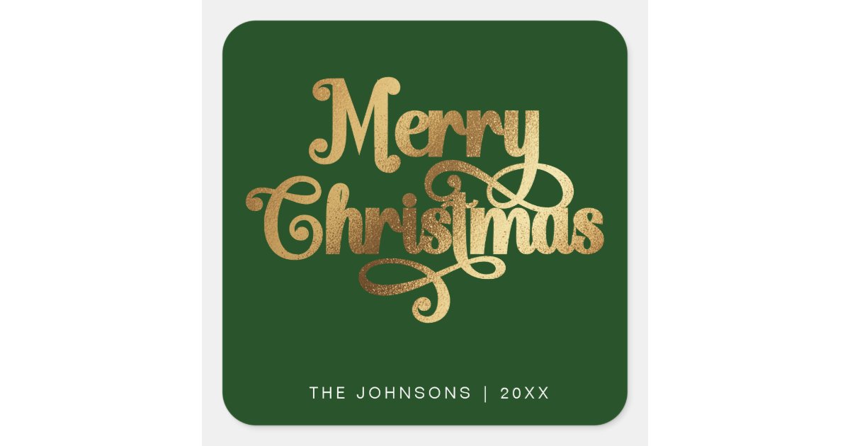 Elegan Green & Gold Merry Christmas Script Custom Square Sticker | Zazzle