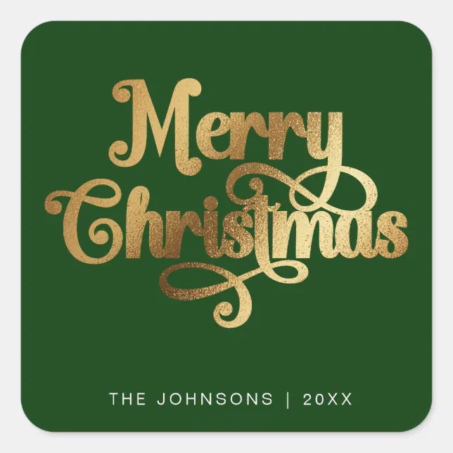 Elegan Green & Gold Merry Christmas Script Custom Square Sticker | Zazzle