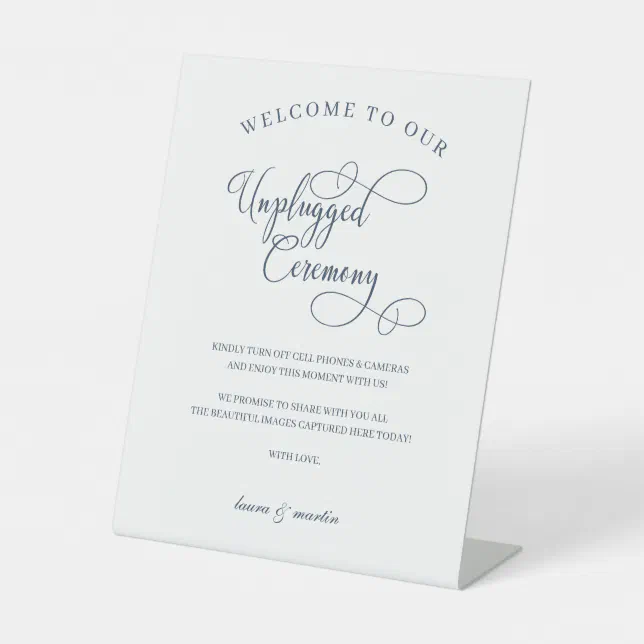 Elegance Navy Blue Script Unplugged Ceremony Pedestal Sign | Zazzle